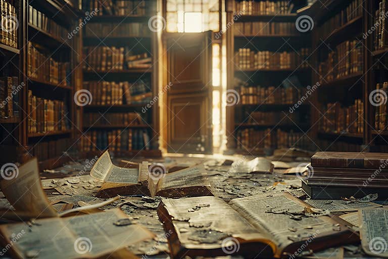 Generative AI Image of Destroyed Torn Books in Ancient Library Stock ...