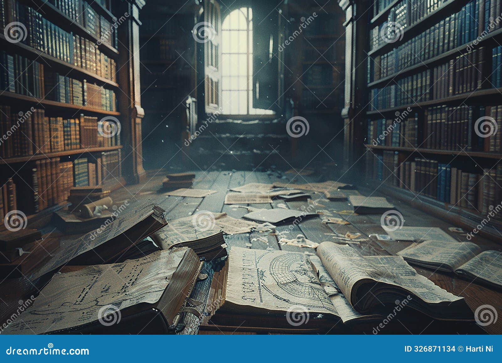 Generative AI Image of Destroyed Torn Books in Ancient Library Stock ...