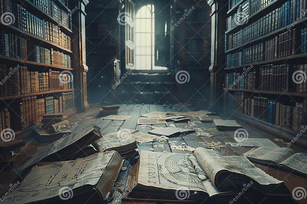 Generative AI Image of Destroyed Torn Books in Ancient Library Stock ...