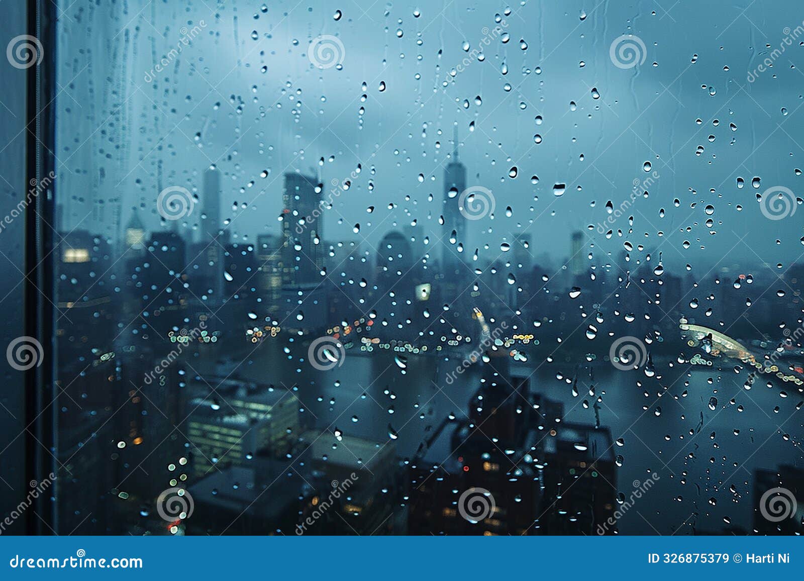 Generative AI Image of Droplets at Window with Blurry Skyscrapers View ...