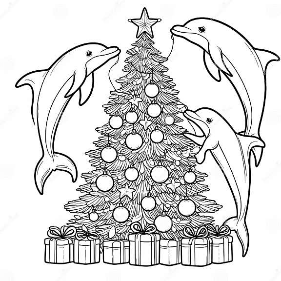 Three Playful Dolphins Decorating a Christmas Tree. Stock Illustration ...