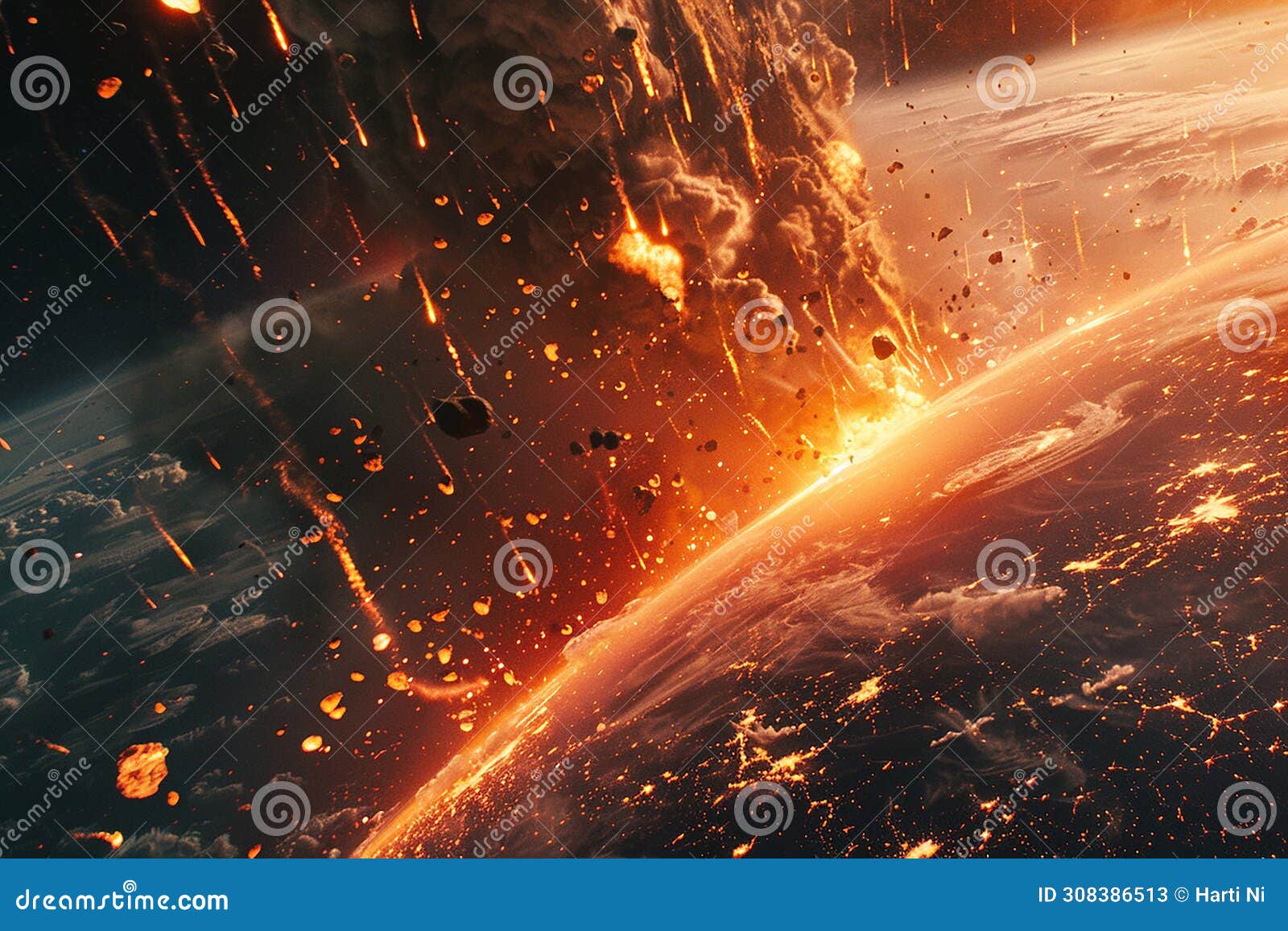 Generative AI Image Of Fiery Meteor Falls On A Planet Causing A ...