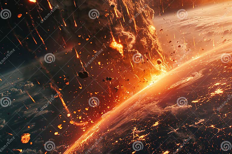 Generative AI Image of Fiery Meteor Falls on a Planet Causing a ...