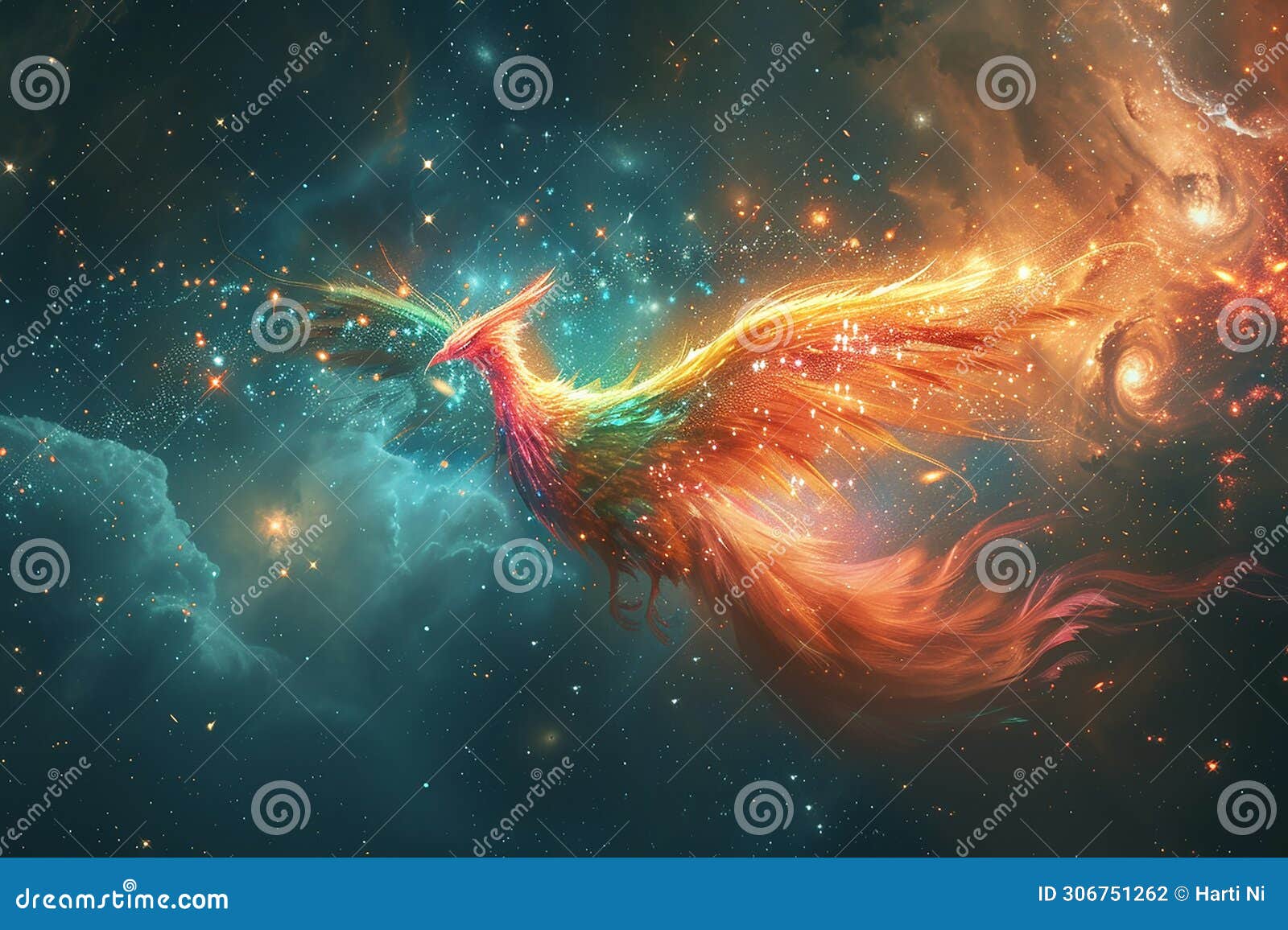 Generative AI Image of Fiery Phoenix Bird Flying in Outer Space with ...