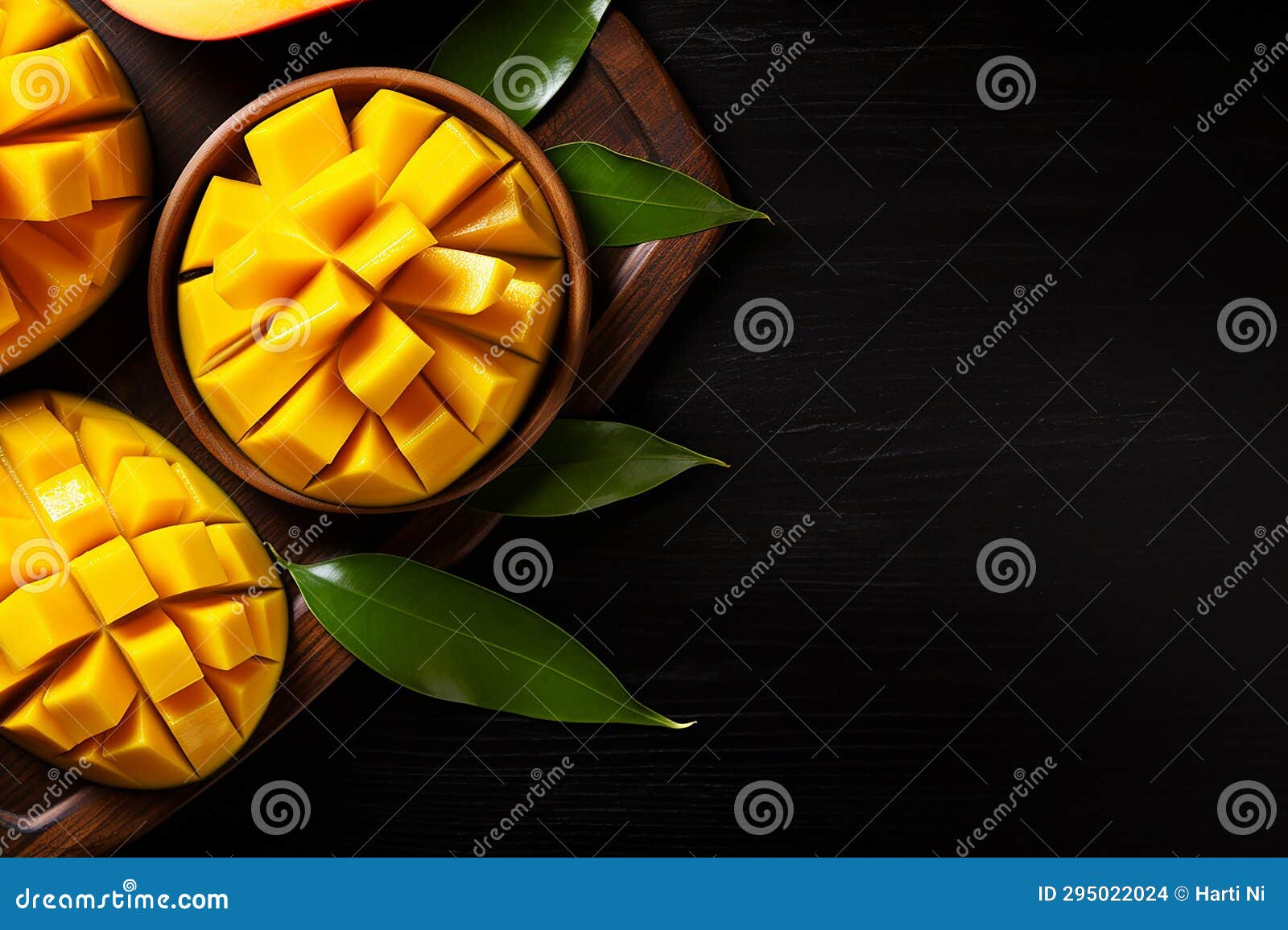 Generative AI Image of Fresh Mango Slices with Blank Space on Dark ...