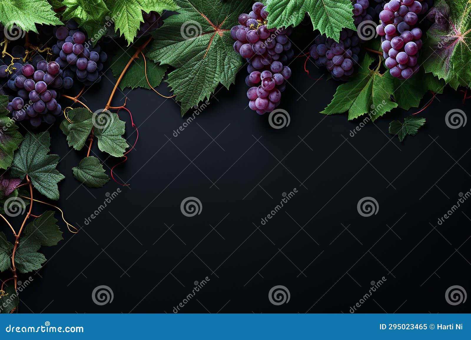 Generative AI Image of Grapes Vines with Blank Space on Dark Background ...