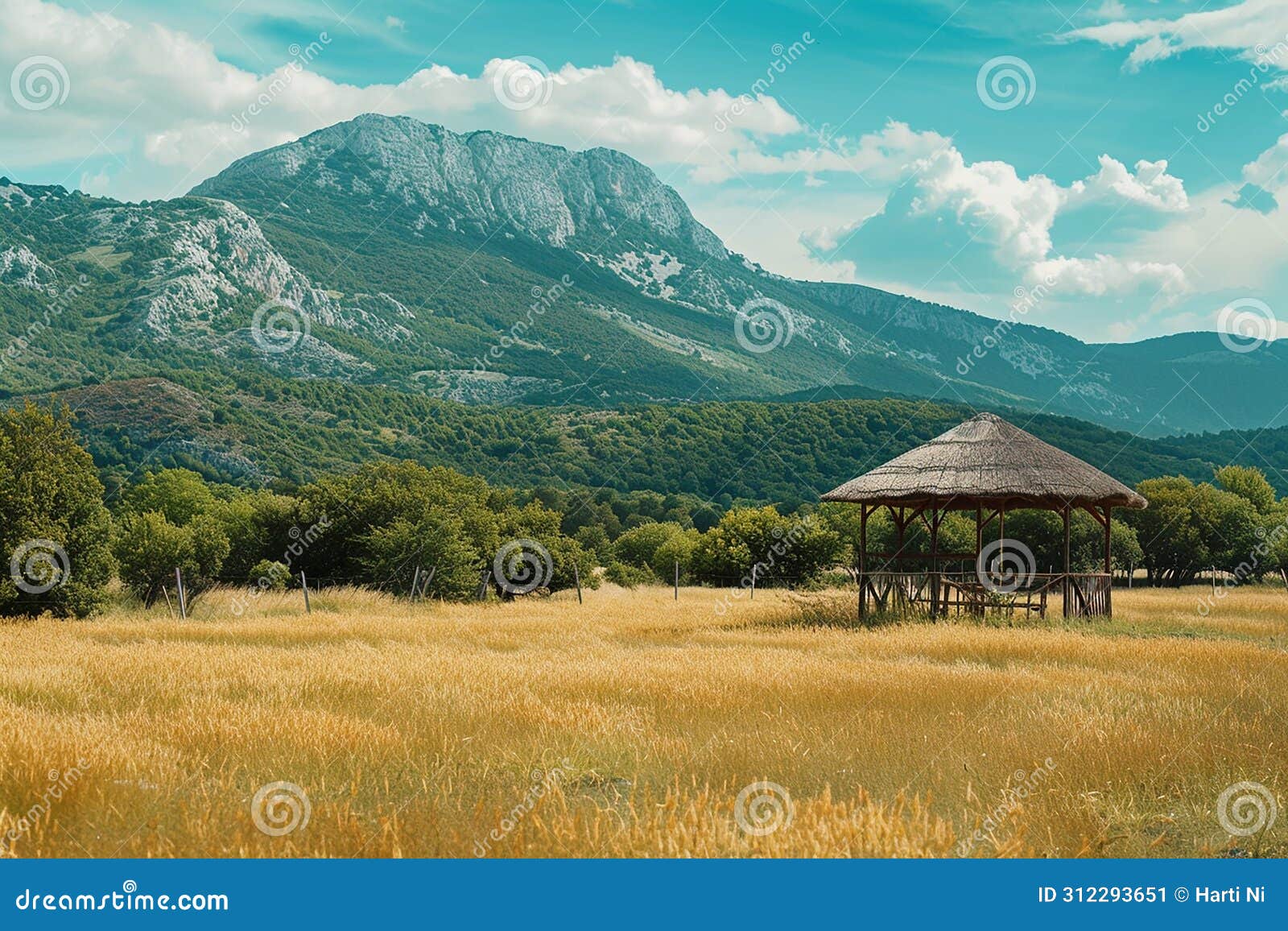 Generative AI Image of Hut in Wheat Pasture with Hill View in Bright ...
