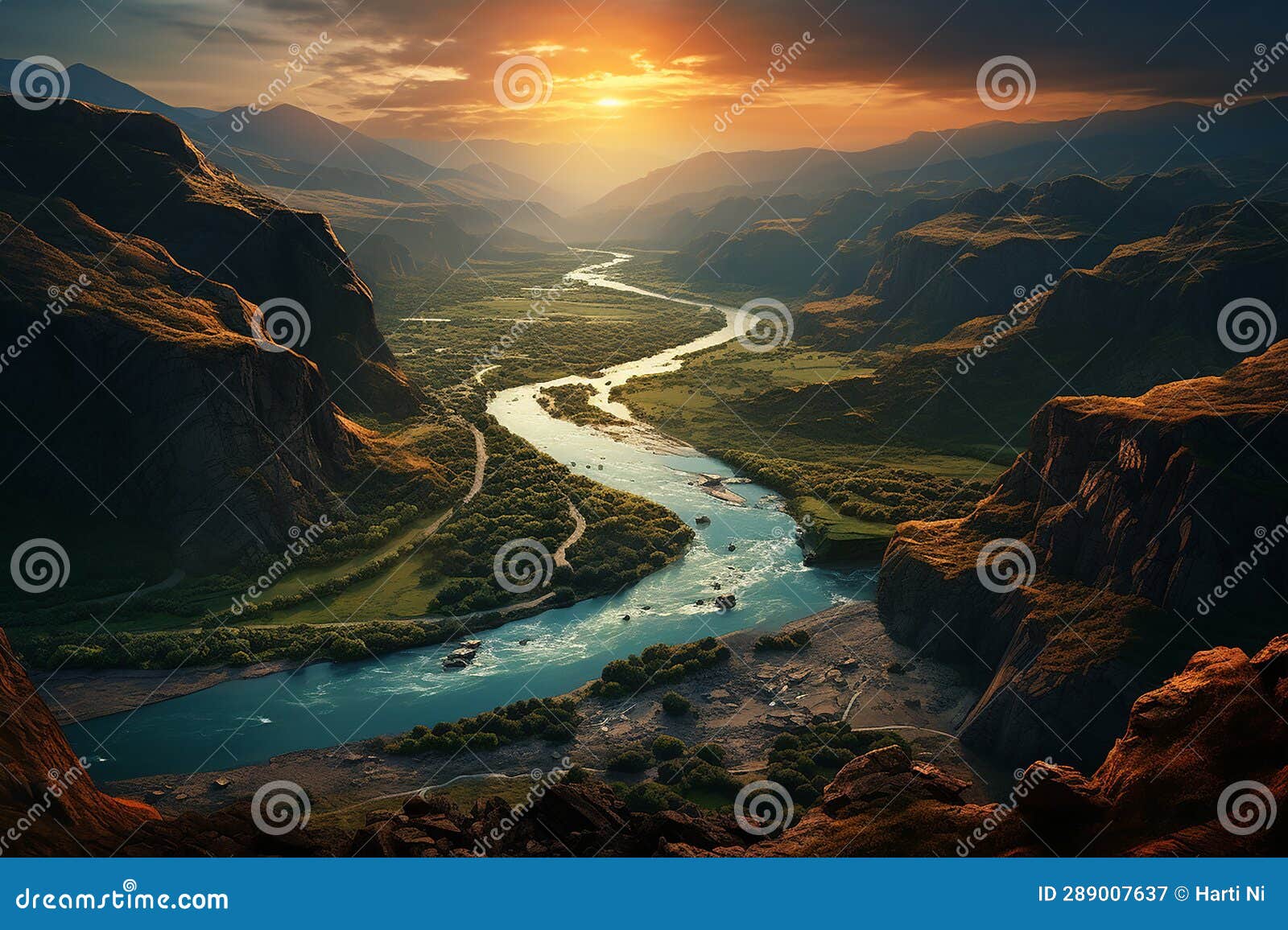 Generative AI Image of Long River with Trees and Rocky Cliffs at Sunset ...