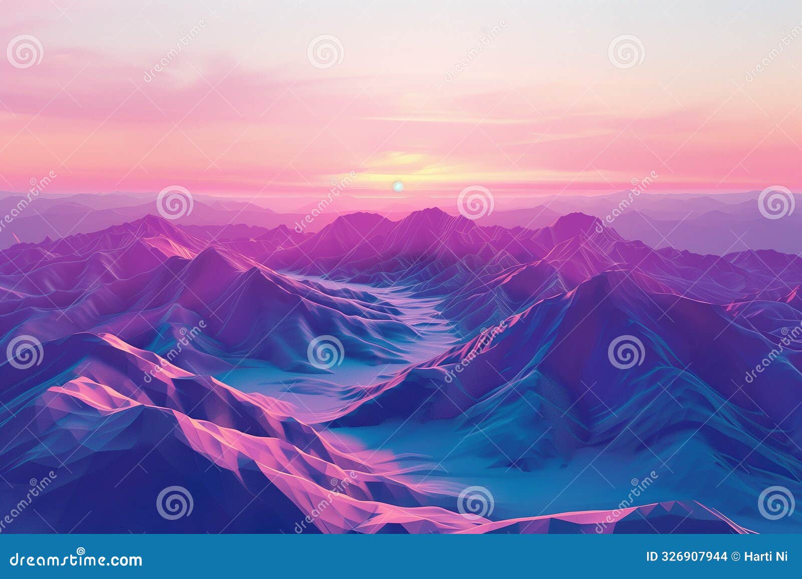 Generative AI Image of Low-Poly Terrain with Sun Gradient Colors Stock ...