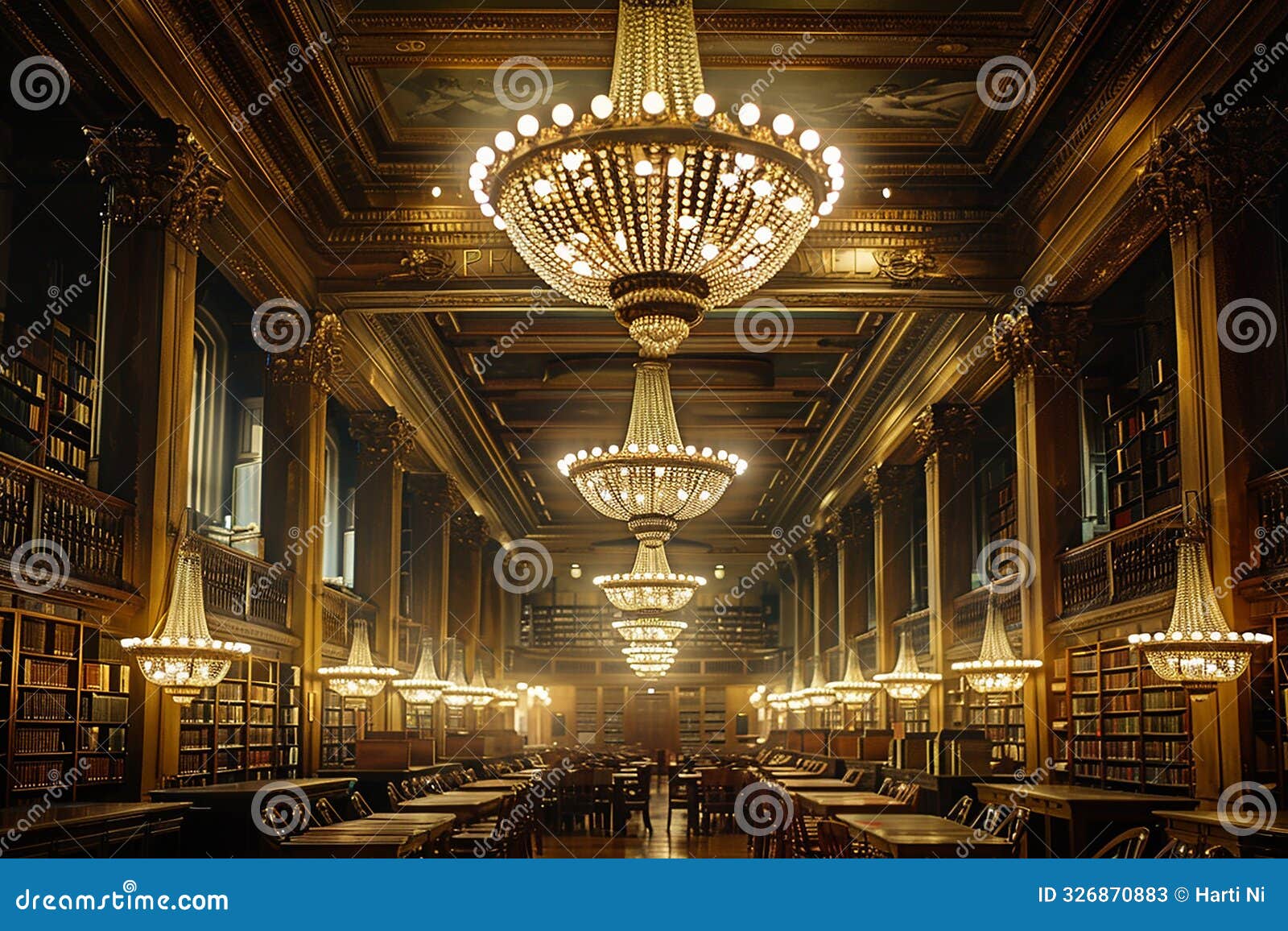 Generative AI Image of Luxurious Chandelier Lamp in Library Room Stock ...