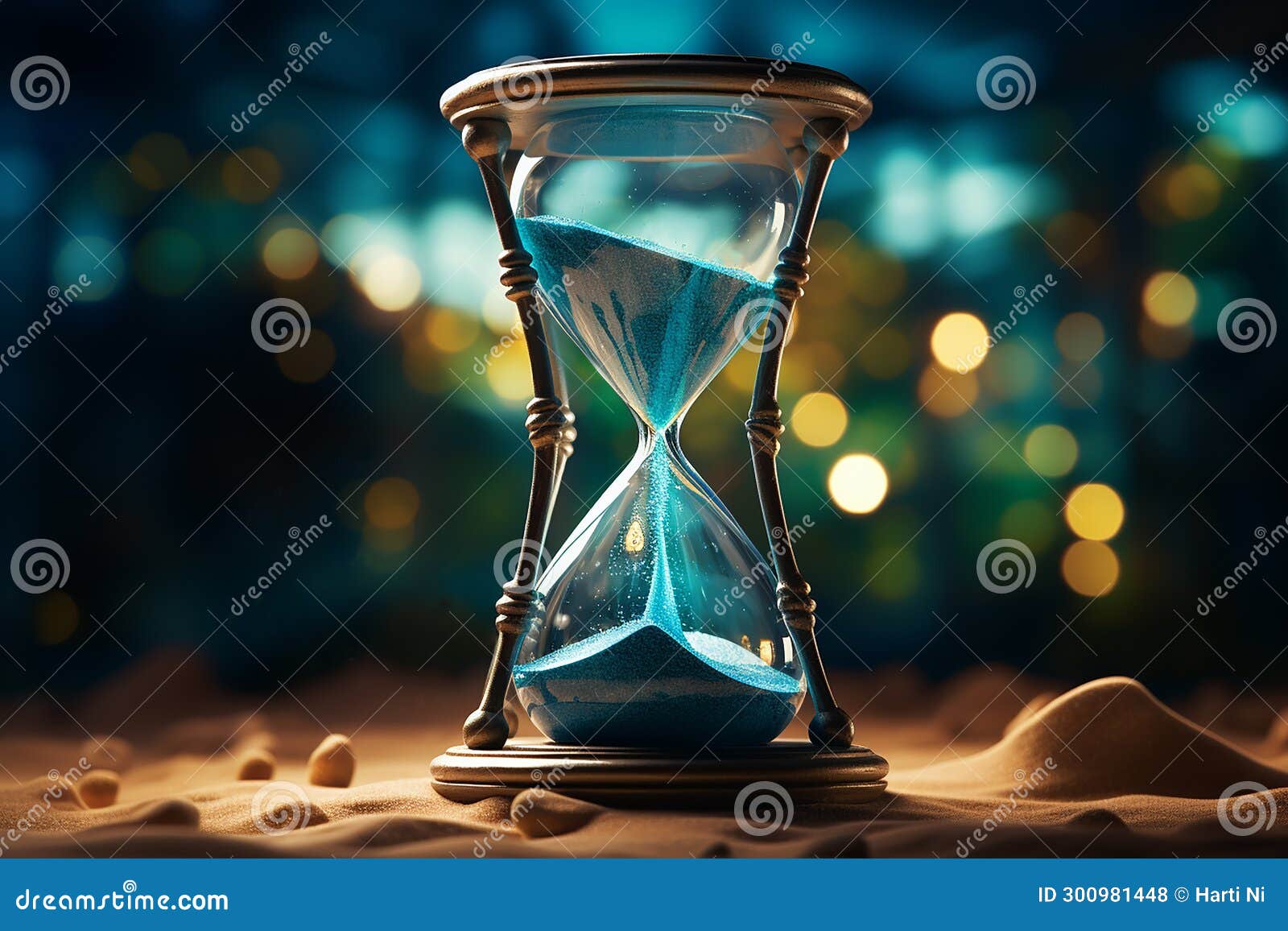 Generative AI Image of Magical Hourglass Timer with Blue Sand on Bokeh ...