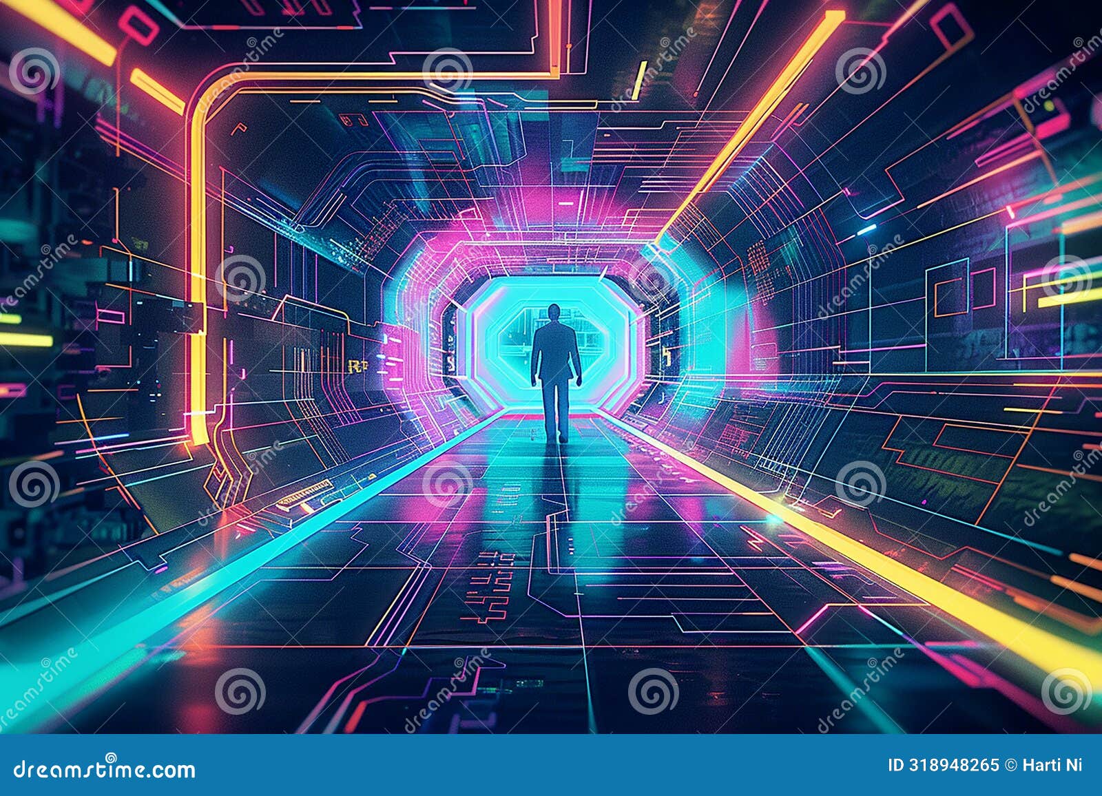 Generative AI Image of a Man Walking in Polygon Tunnel Corridor with ...