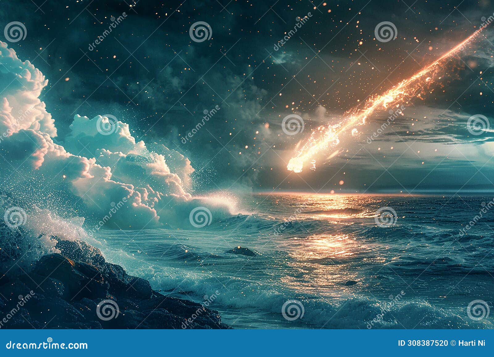 Generative AI Image Of Meteor Hits Ocean With Huge Wave Big Terrible ...