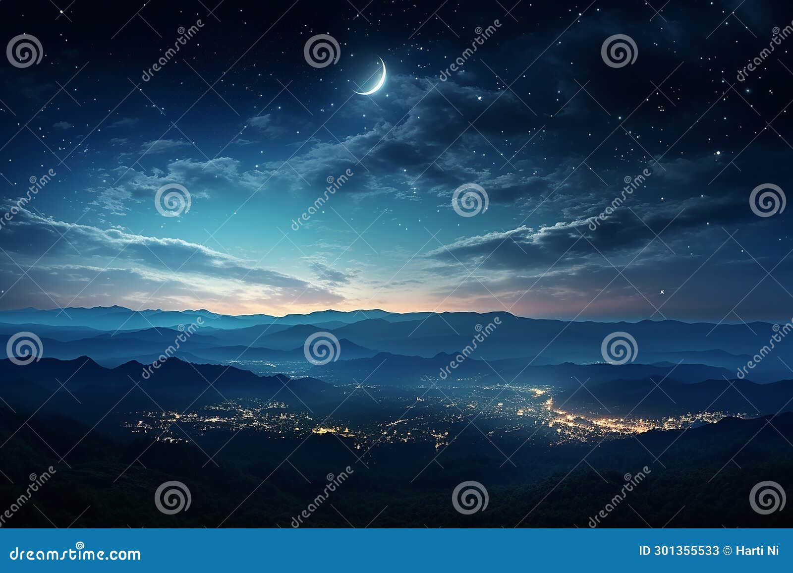 Generative AI Image of Mountain Nature Landscape with Crescent Moon at ...