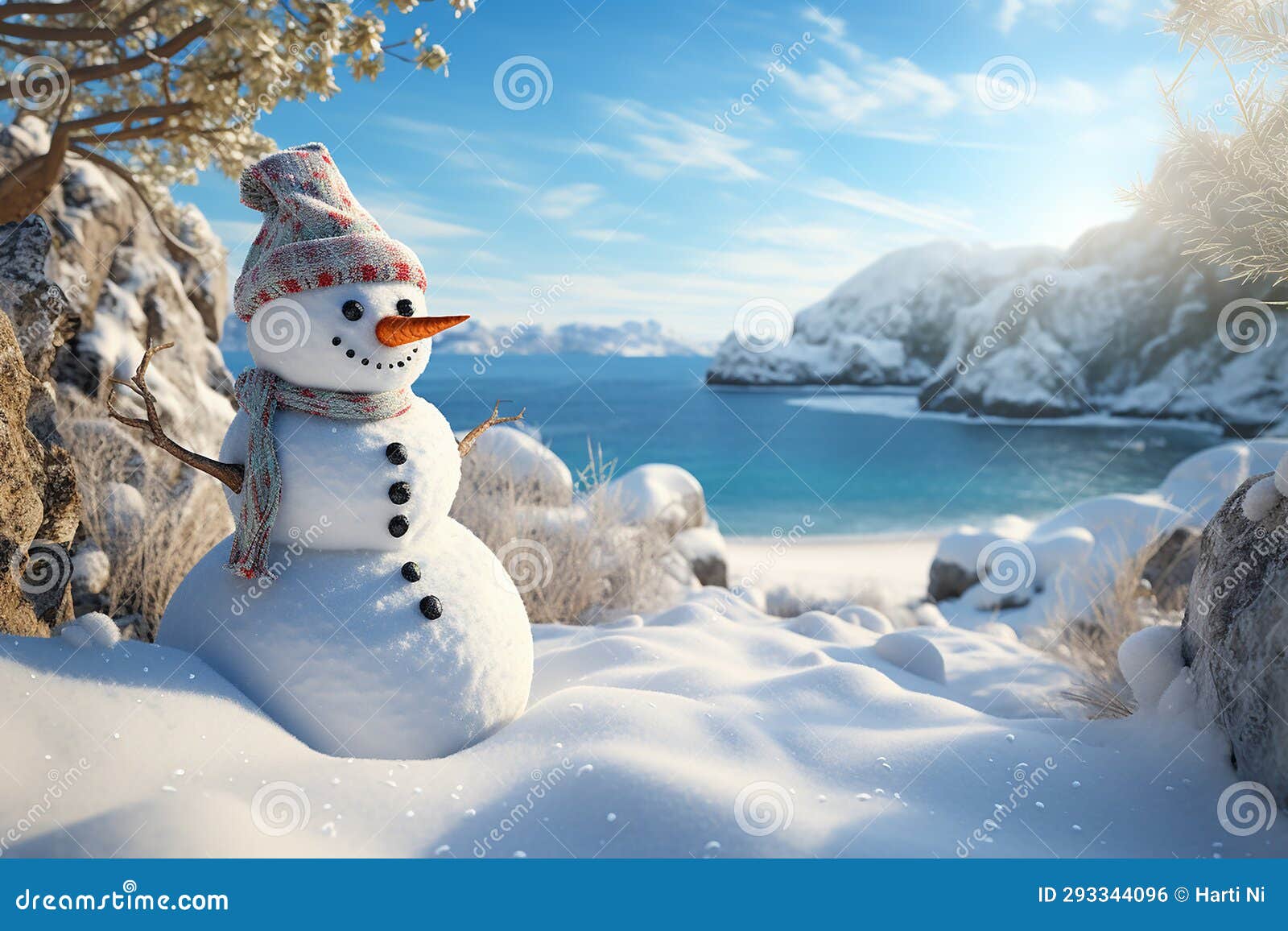 Generative AI Image of Ocean Nature Landscape with Snowman in Bright ...