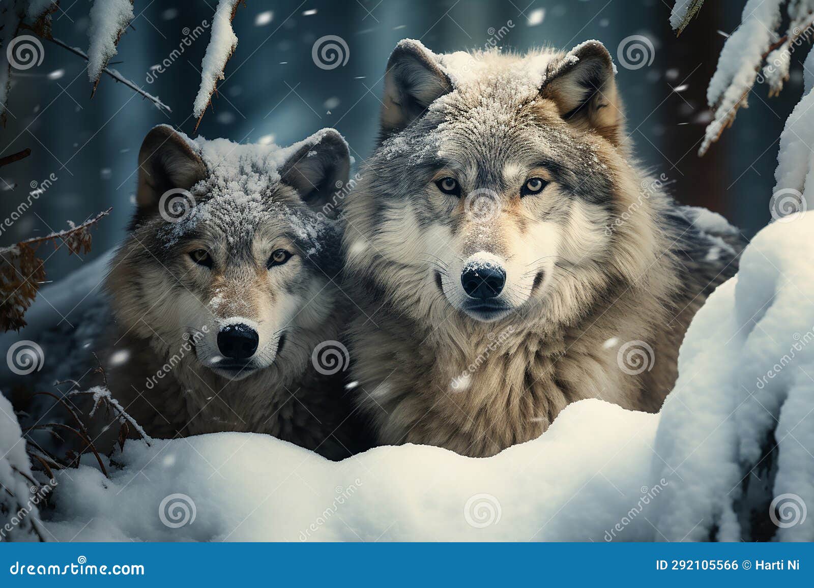 Generative AI Image of a Pair of Wolves in the Forest during Snowfall ...