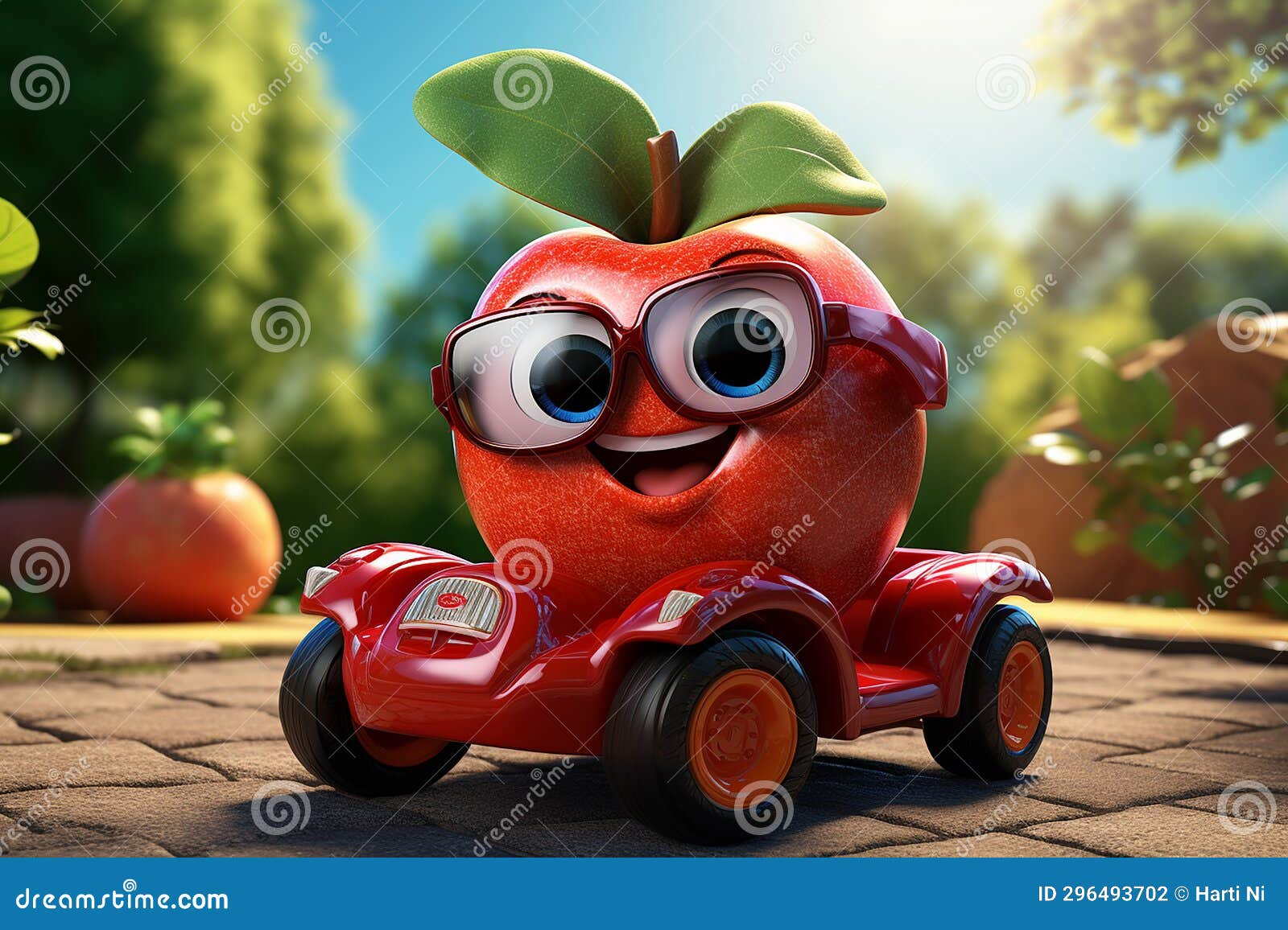 Generative AI Image of Red Apple Fruit Cartoon Character in Toy Car ...