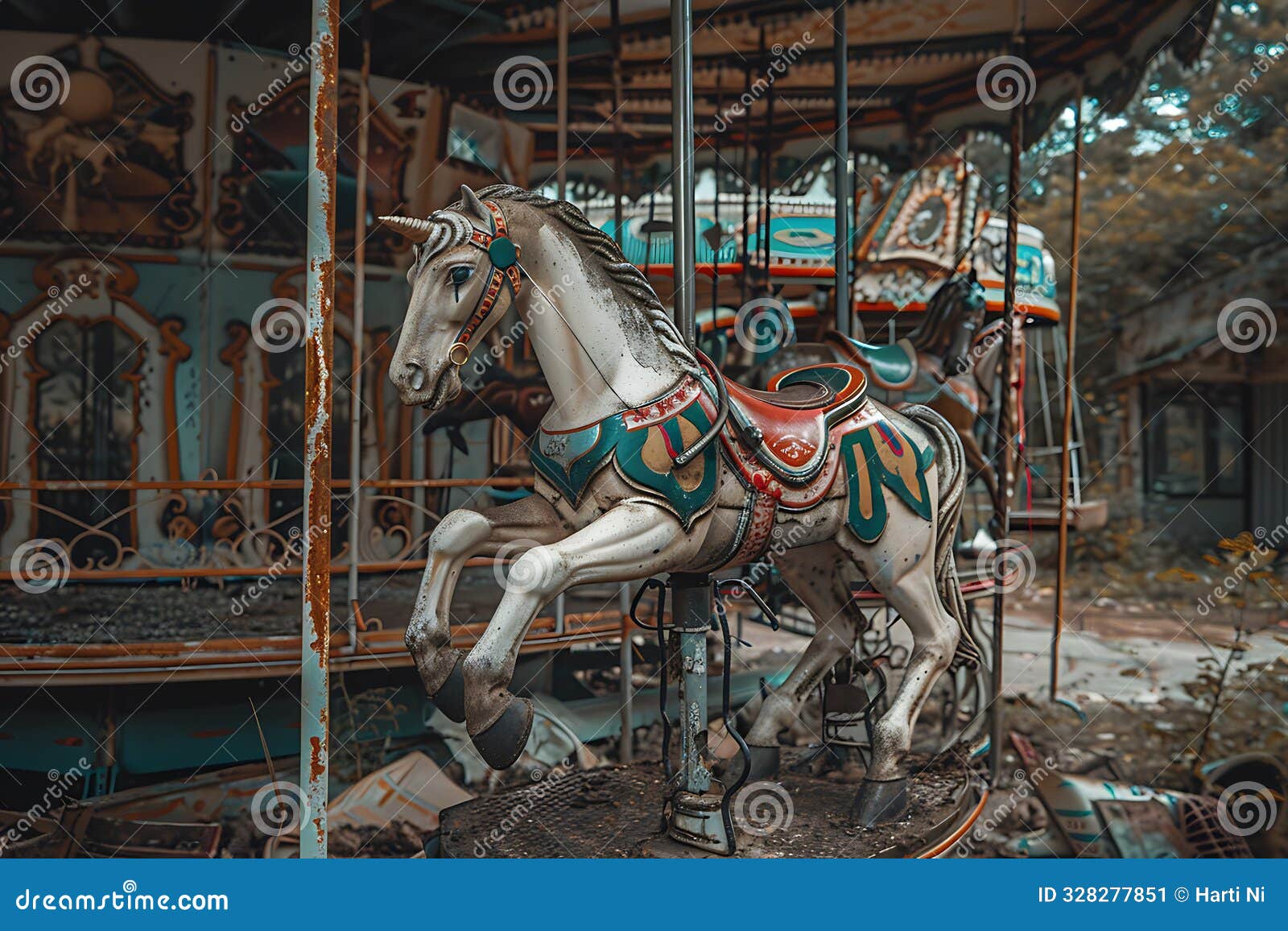 Generative AI Image of Rusty Old Broken Carousel at Abandoned Amusement ...