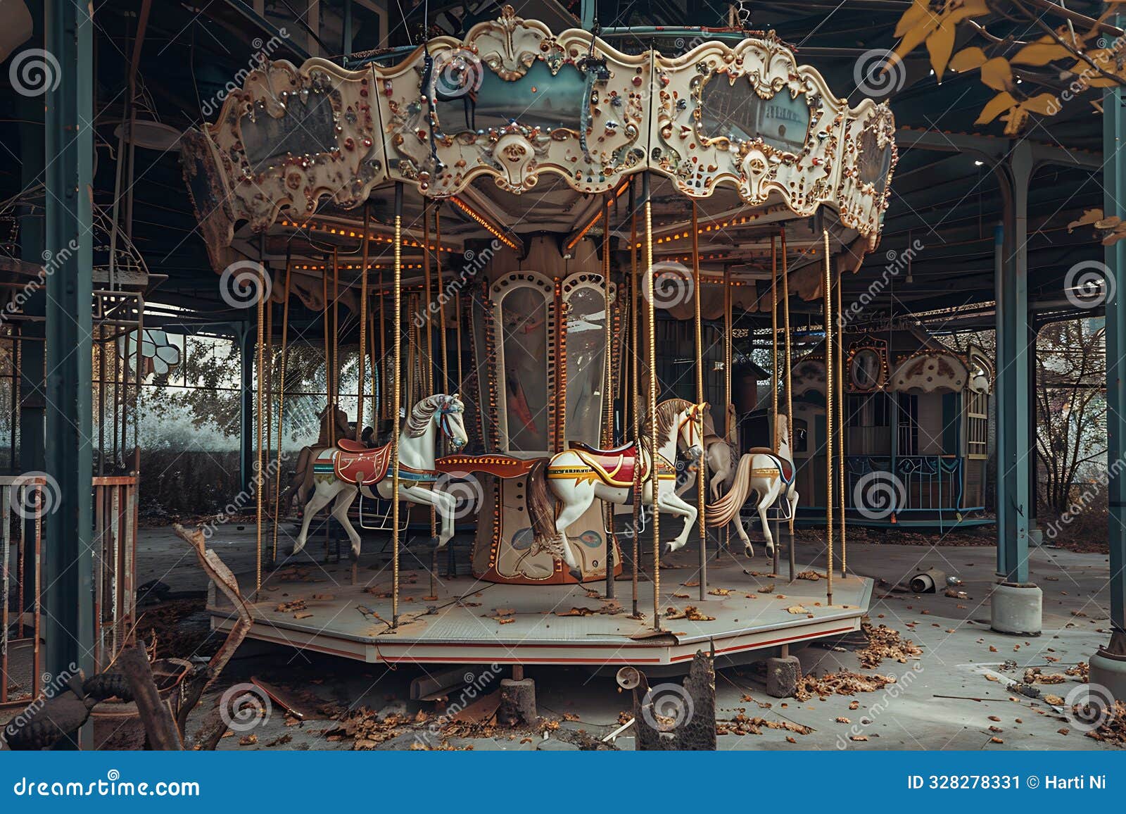 Generative AI Image of Rusty Old Broken Carousel at Abandoned Amusement ...