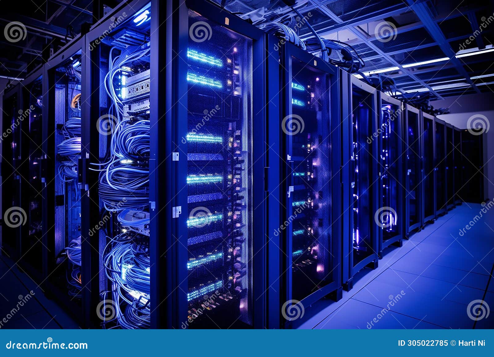 Generative AI Image of Server Racks with Cables Connection Equipment in Information Processing ...