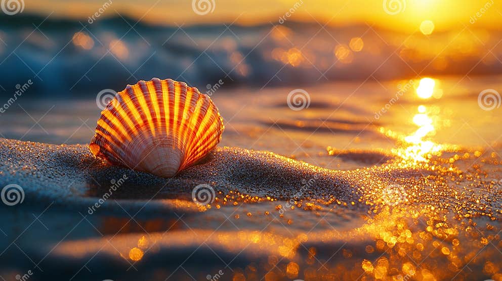 Generative AI Image of Shell on Beach Landscape with Sunset Stock ...