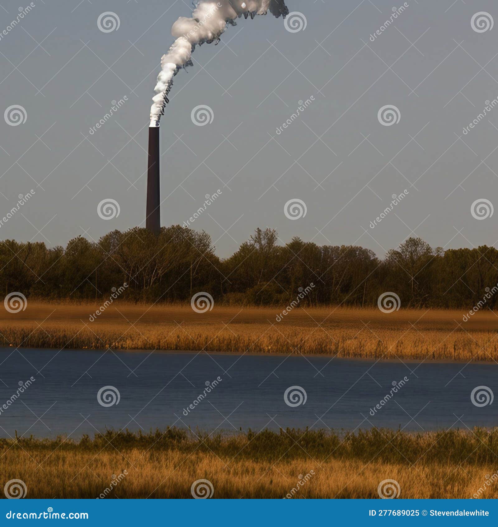 Generative AI Image of a Smoke Stack and Plume Behind a Row or Trees ...