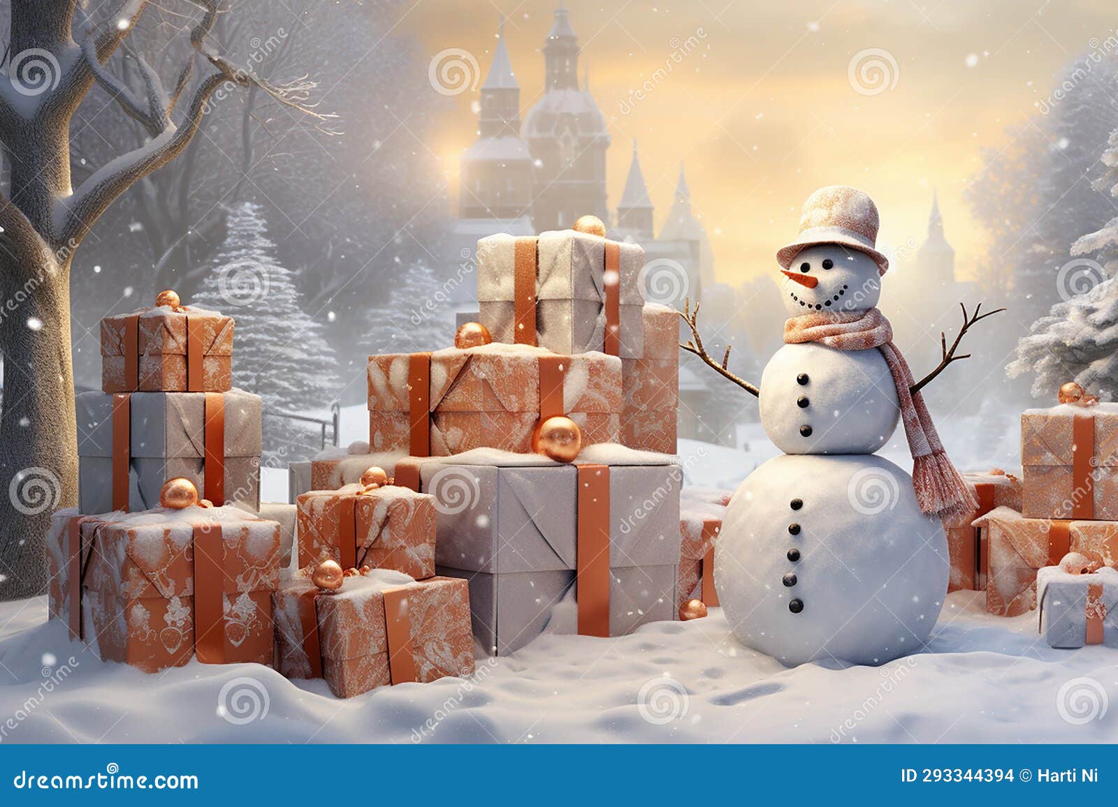 Generative AI Image of Snowman with Stack of Gift Boxes in Winter ...
