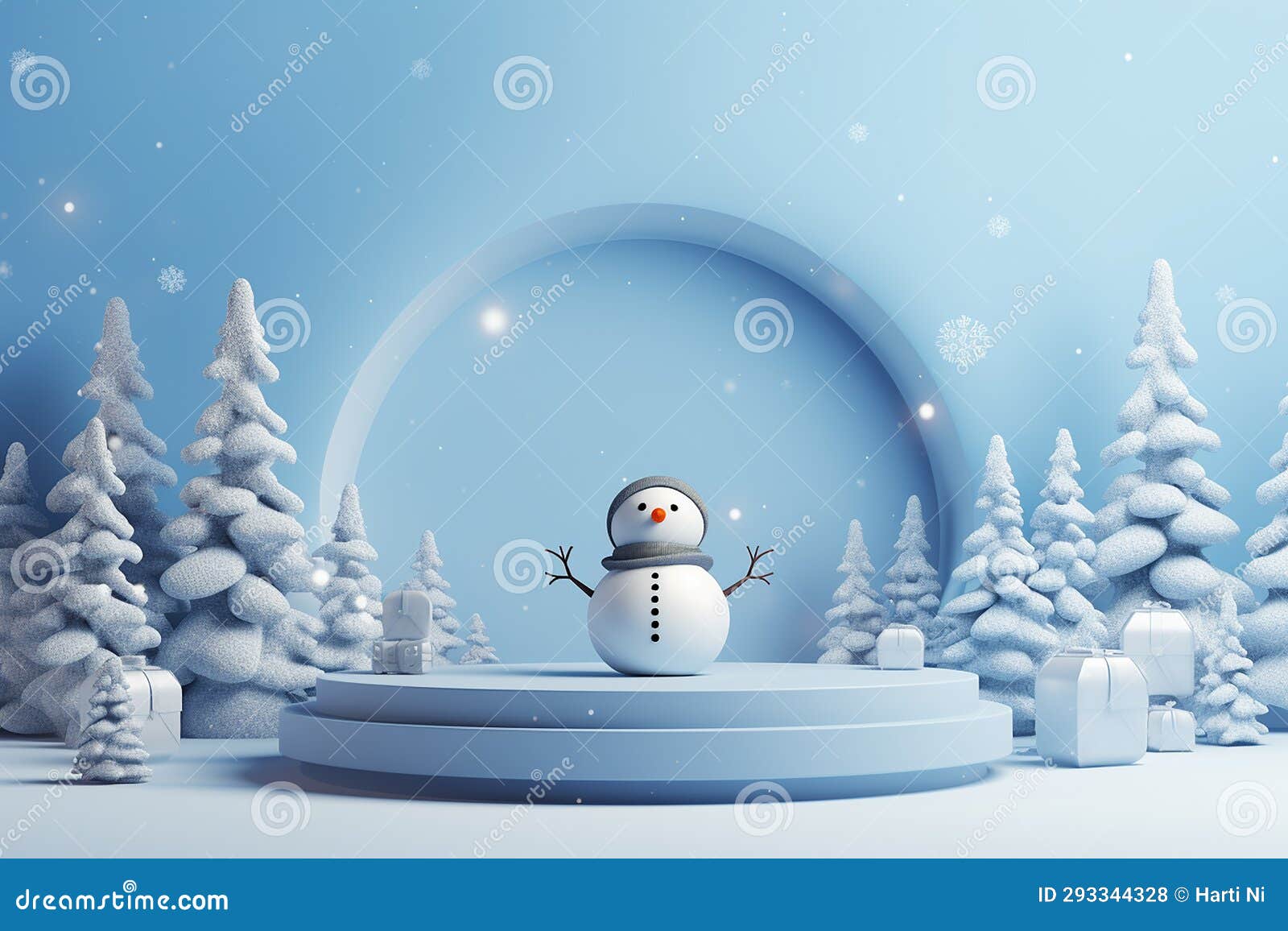 Generative AI Image of Snowman on Stage with Snowy Pine Trees on Blue ...