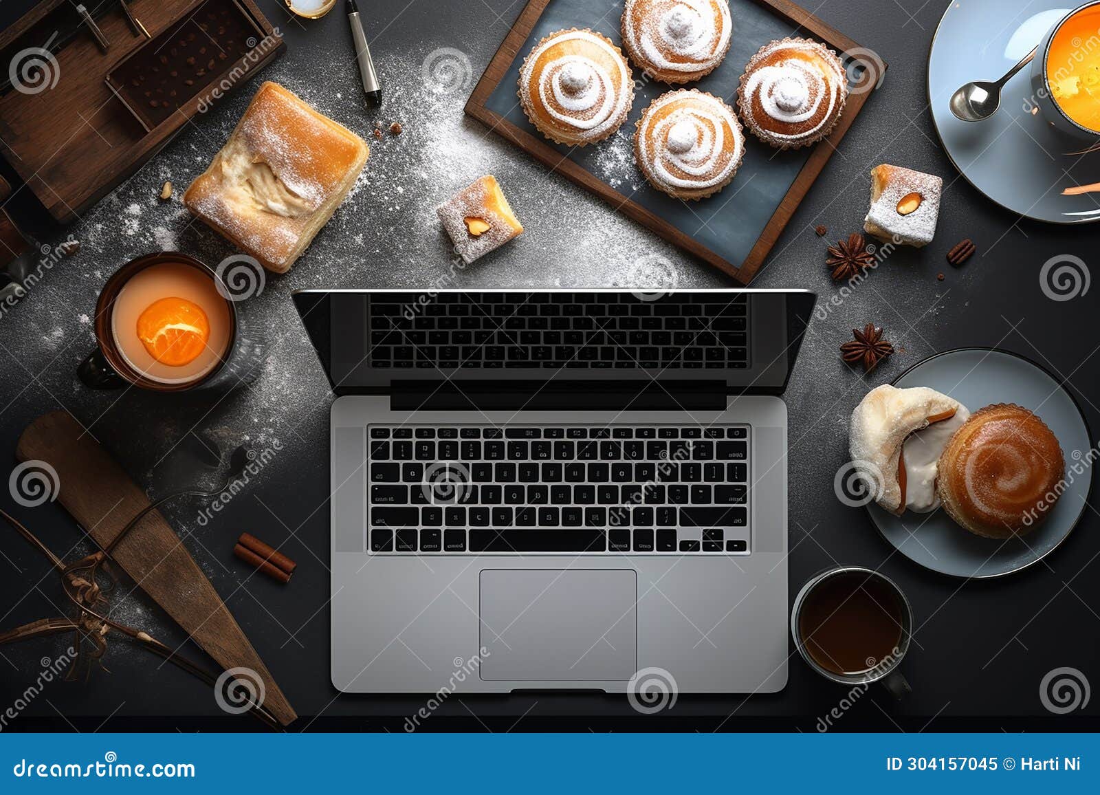 Generative AI Image of Top View of Laptop with Bread Food on Black ...