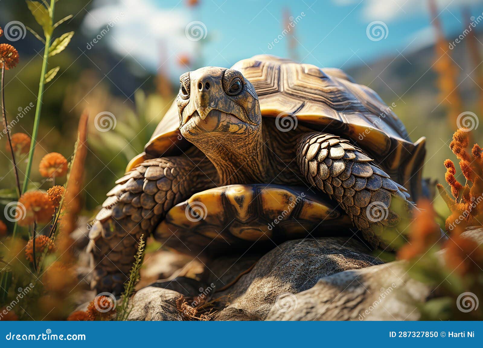 Generative AI Image of a Tortoise Standing on Rock Surrounded by Wild ...