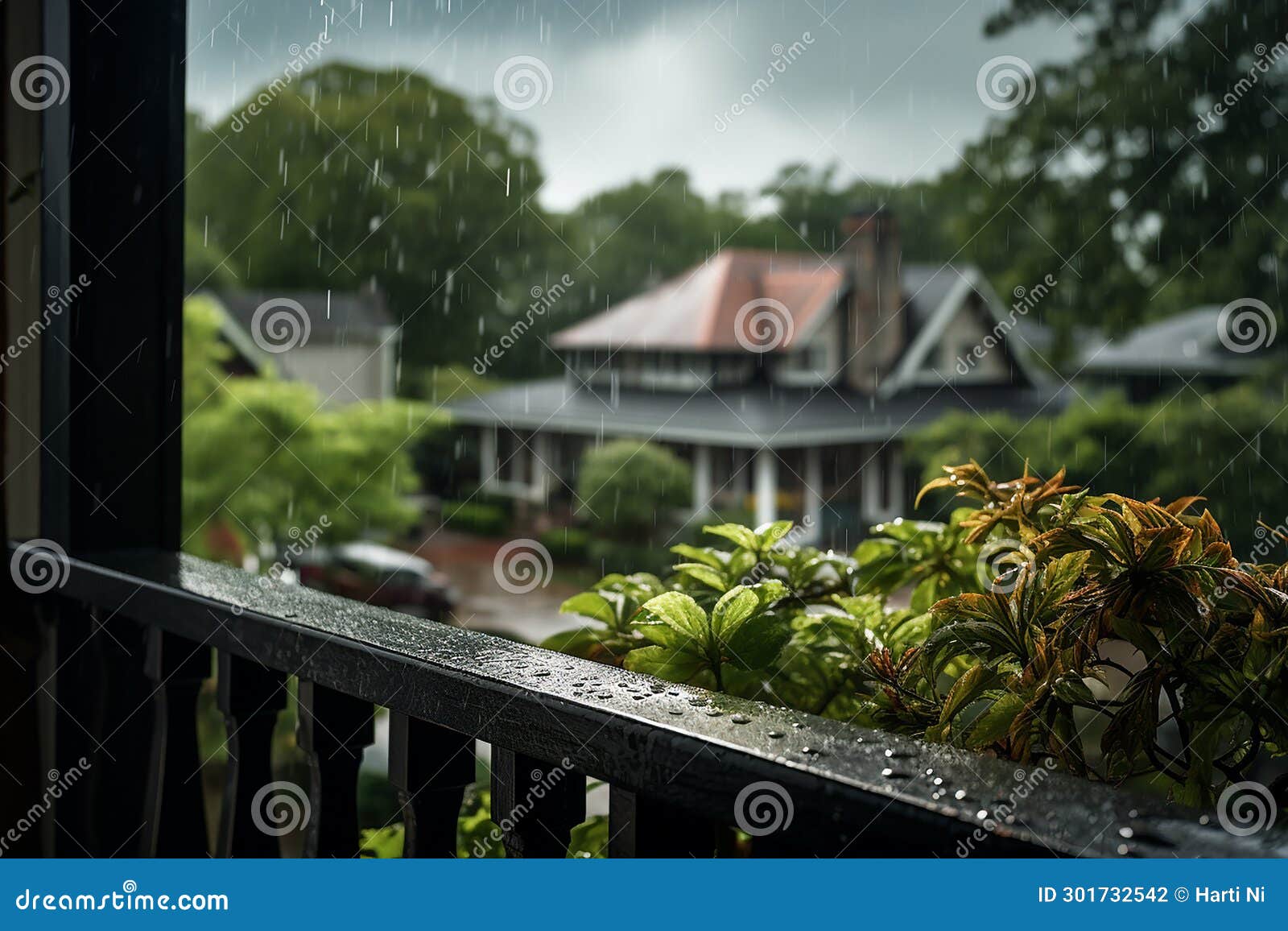 Generative AI Image of View from the House Balcony during Rain Stock ...