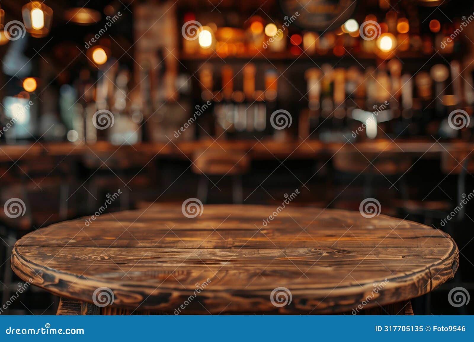 Generative AI Image of a Wooden Round Table and Pub or Bar Blur ...