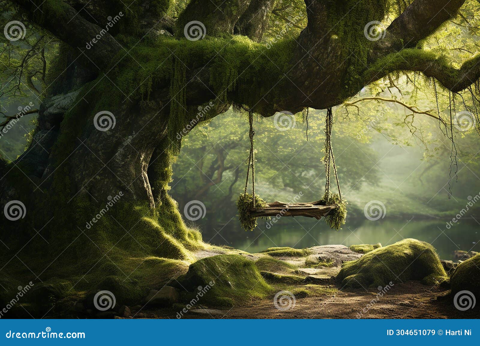 Generative Ai Image Of Wooden Swing Hanging On A Tree In The Forest