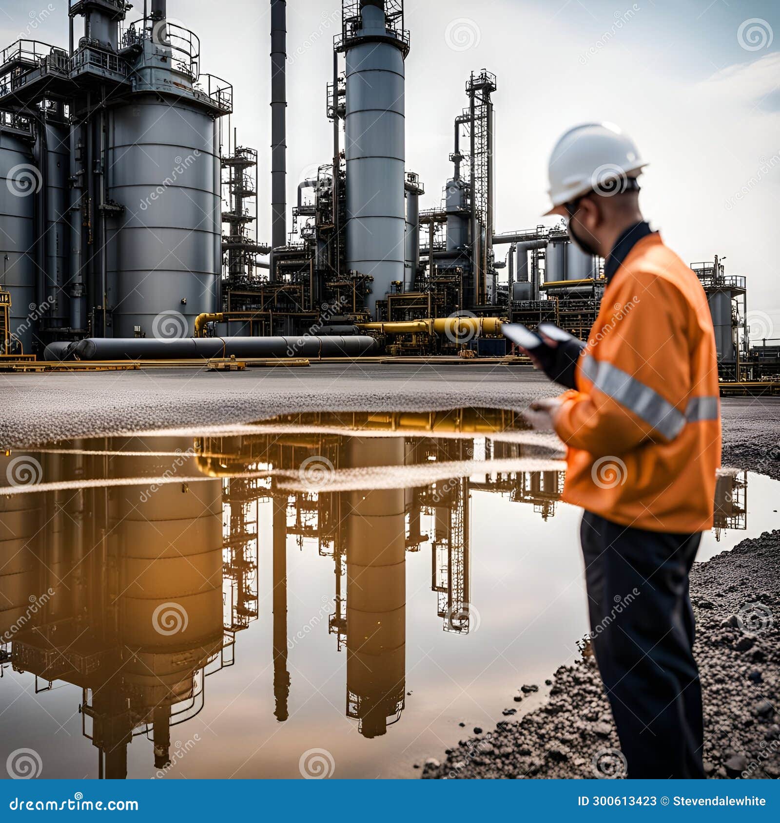 Generative AI Image of a Worker at a Chemical Facility Observing a ...