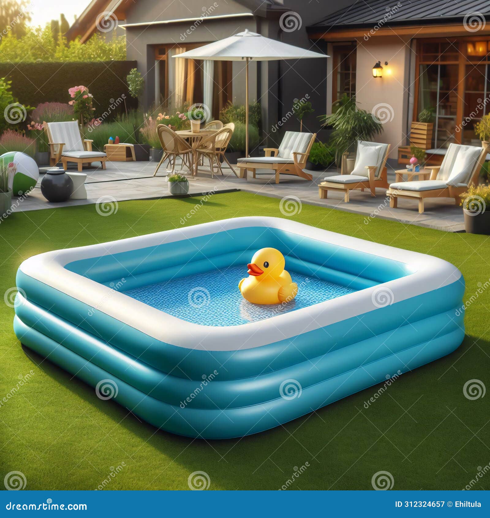 Generative AI, Inflatable Pool in a Backyard with Yellow Rubber Duck ...