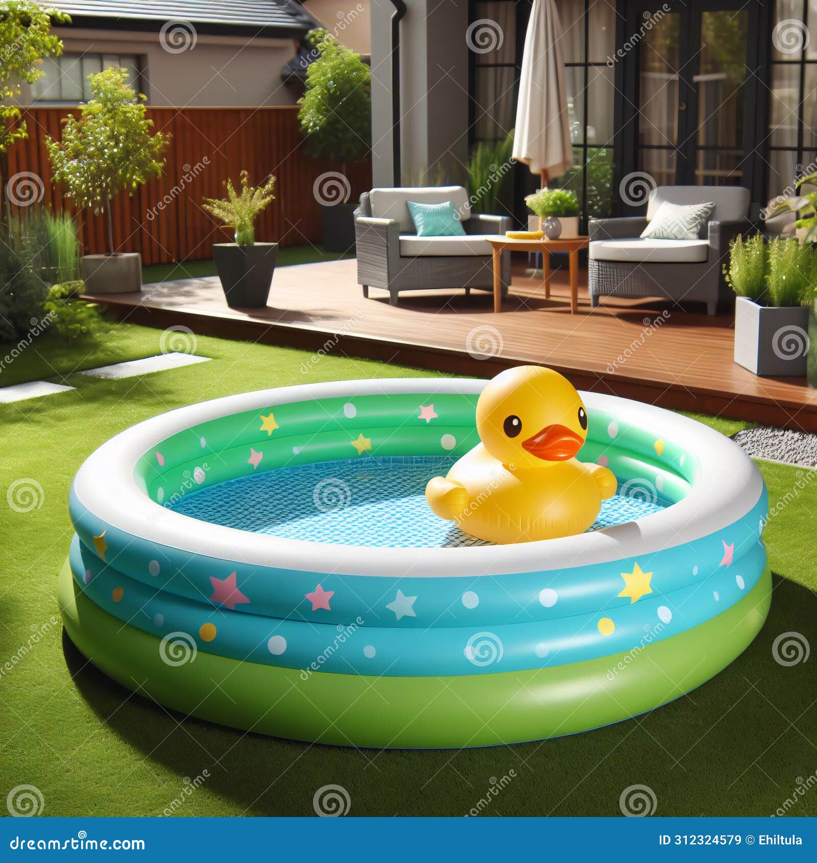 Generative AI, Inflatable Pool in a Backyard with Yellow Rubber Duck ...