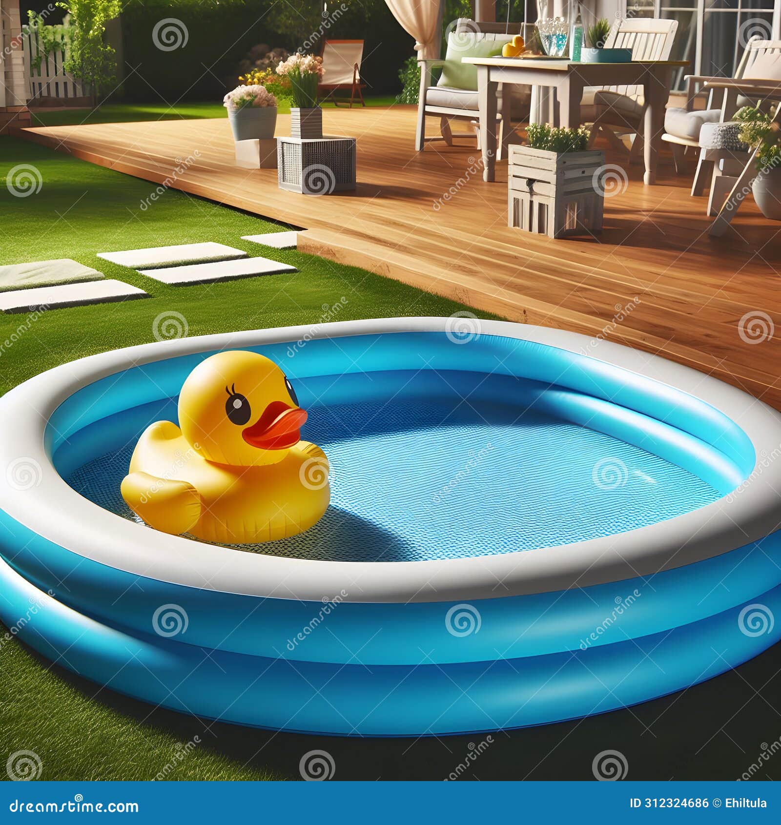 Generative AI, Inflatable Pool in a Backyard with Yellow Rubber Duck ...