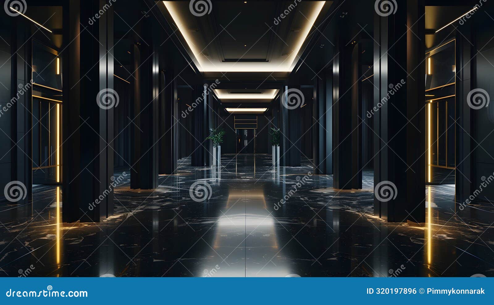 Generative AI Interior of Illuminated Empty Spacious Lobby with Black ...