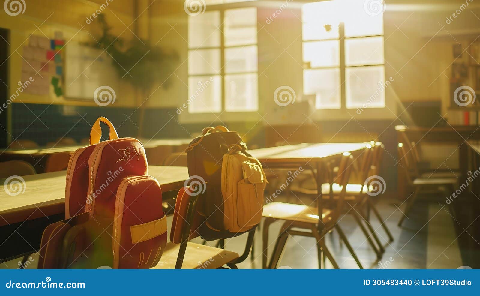 Generative AI Interior of Stylish Empty Classroom with Backpacks and ...