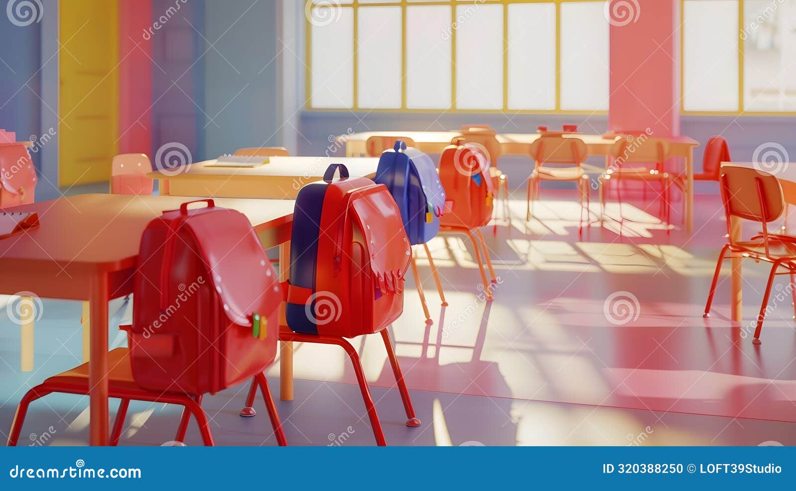 Generative AI Interior of Stylish Empty Classroom with Backpacks and ...