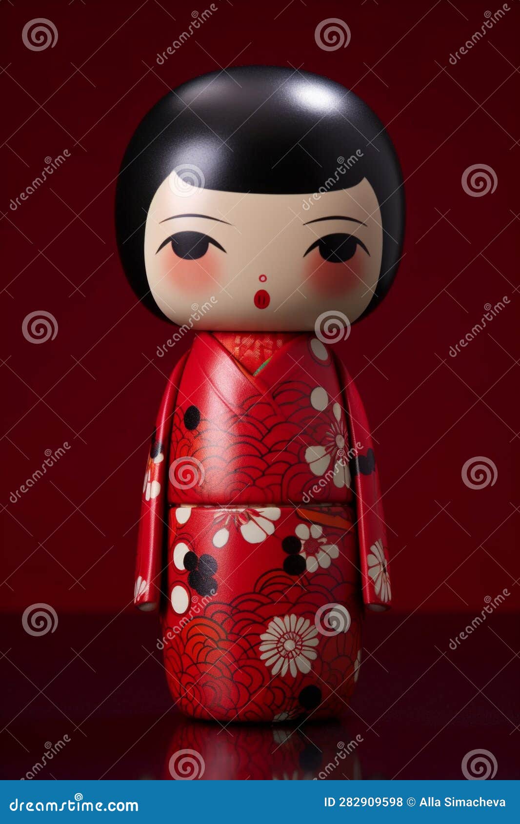 Generative Ai Japanese Kokeshi Doll With Short Hair And Kimono Stock