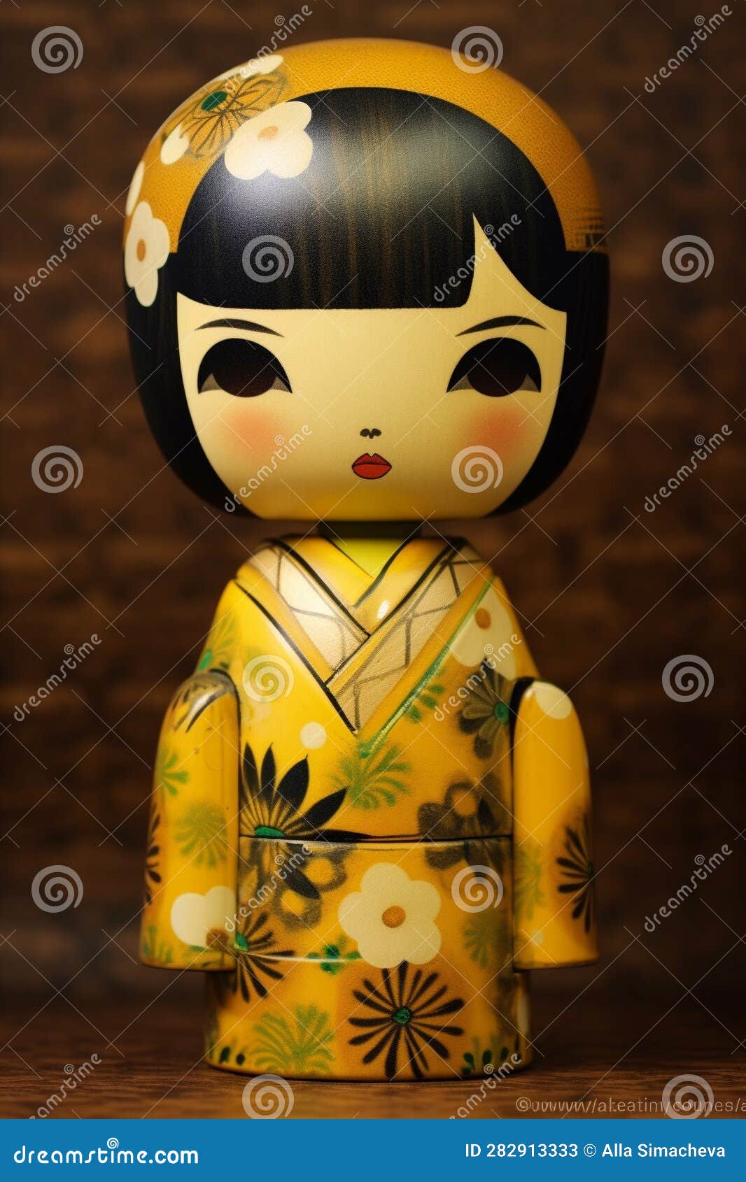 Generative Ai Japanese Kokeshi Doll With Short Hair And Kimono Stock