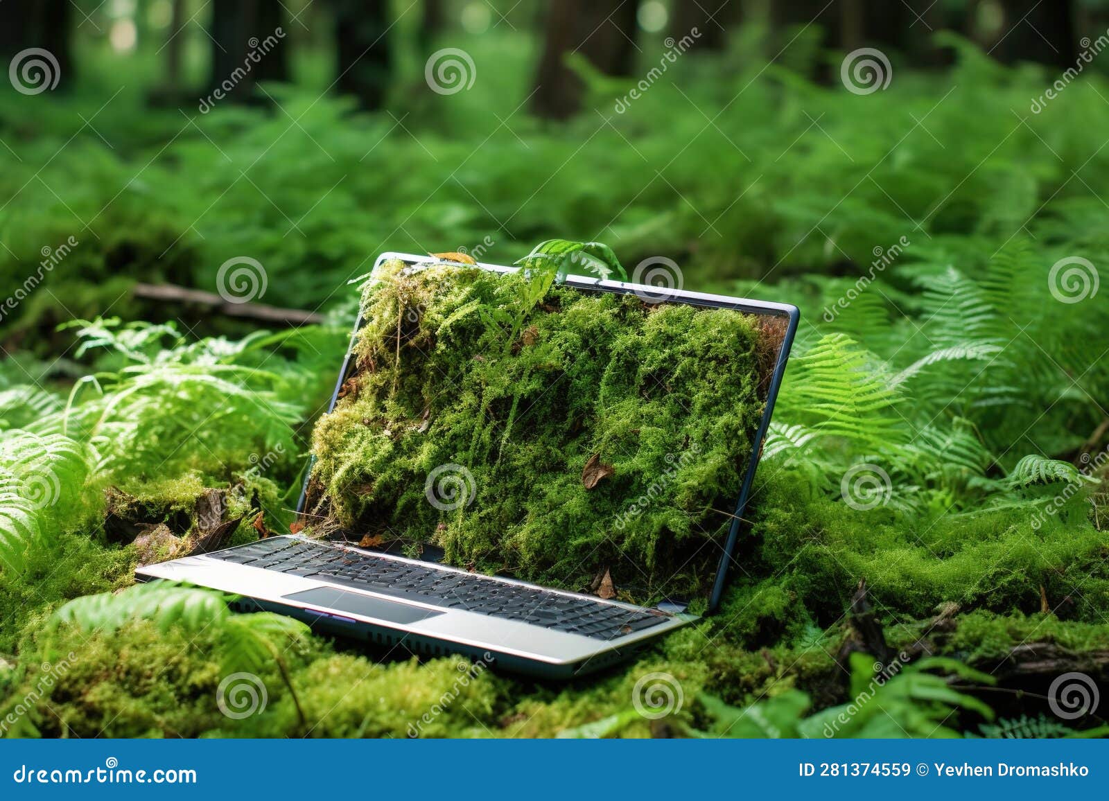 Generative AI, Laptop Covered in Moss and Plants. Nature and Technology ...