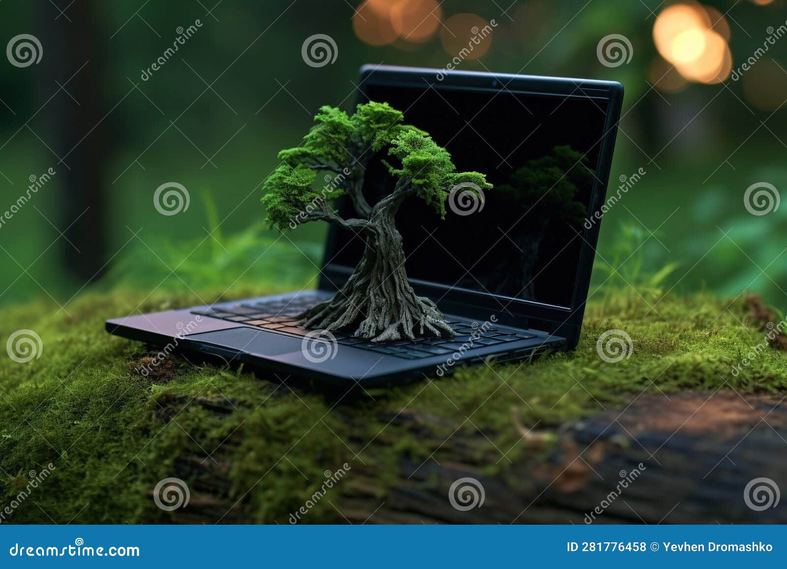 Generative AI, Laptop Covered in Moss and Plants. Nature and Technology ...