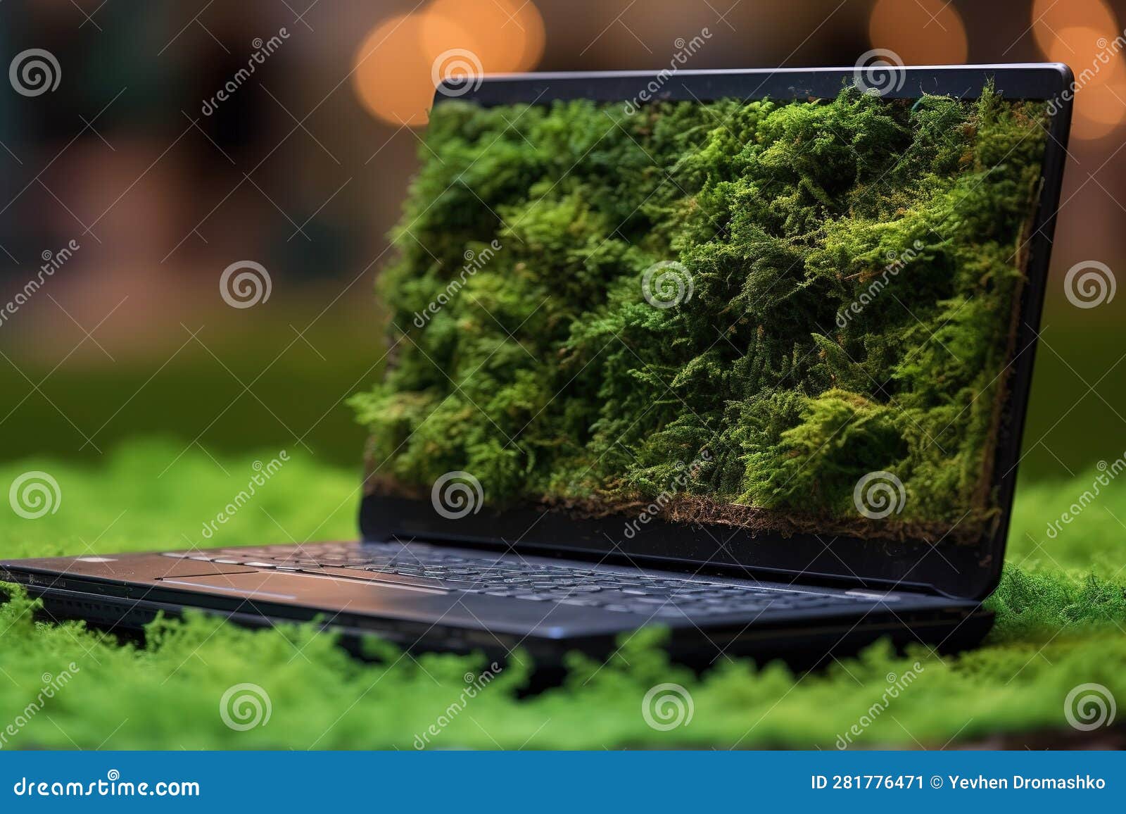 Generative AI, Laptop Covered in Moss and Plants. Nature and Technology ...