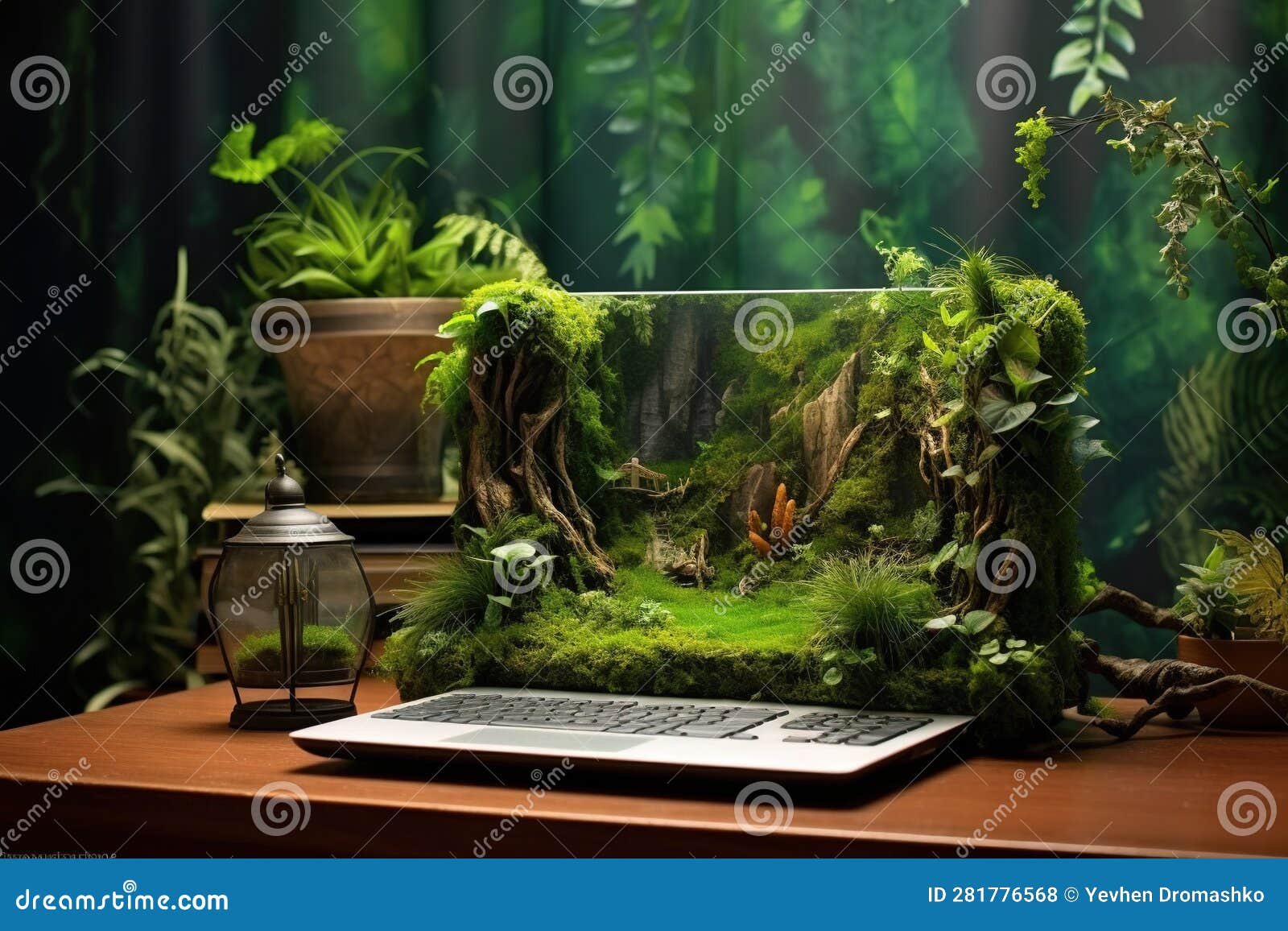 Generative AI, Laptop Covered in Moss and Plants. Nature and Technology ...