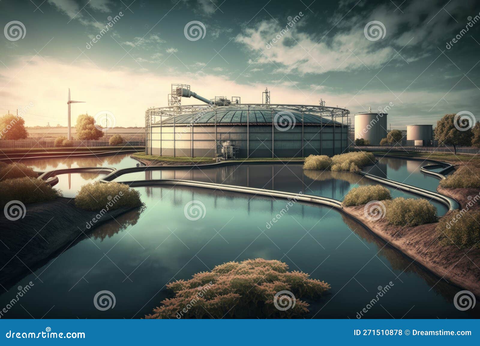 Generative AI of a Large Industrial Building with a Pond in the ...