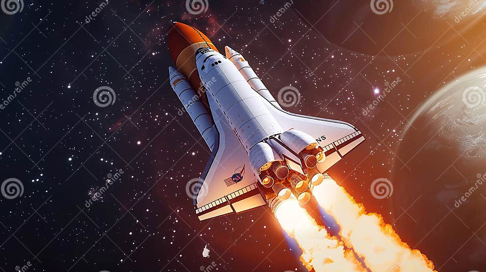 Generative AI the Launch of the Space Shuttle with Fire and Smoke Against the Background of the ...