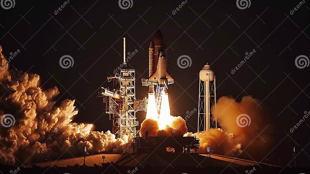 Generative AI the Launch of the Space Shuttle with Fire and Smoke Against the Background of the ...