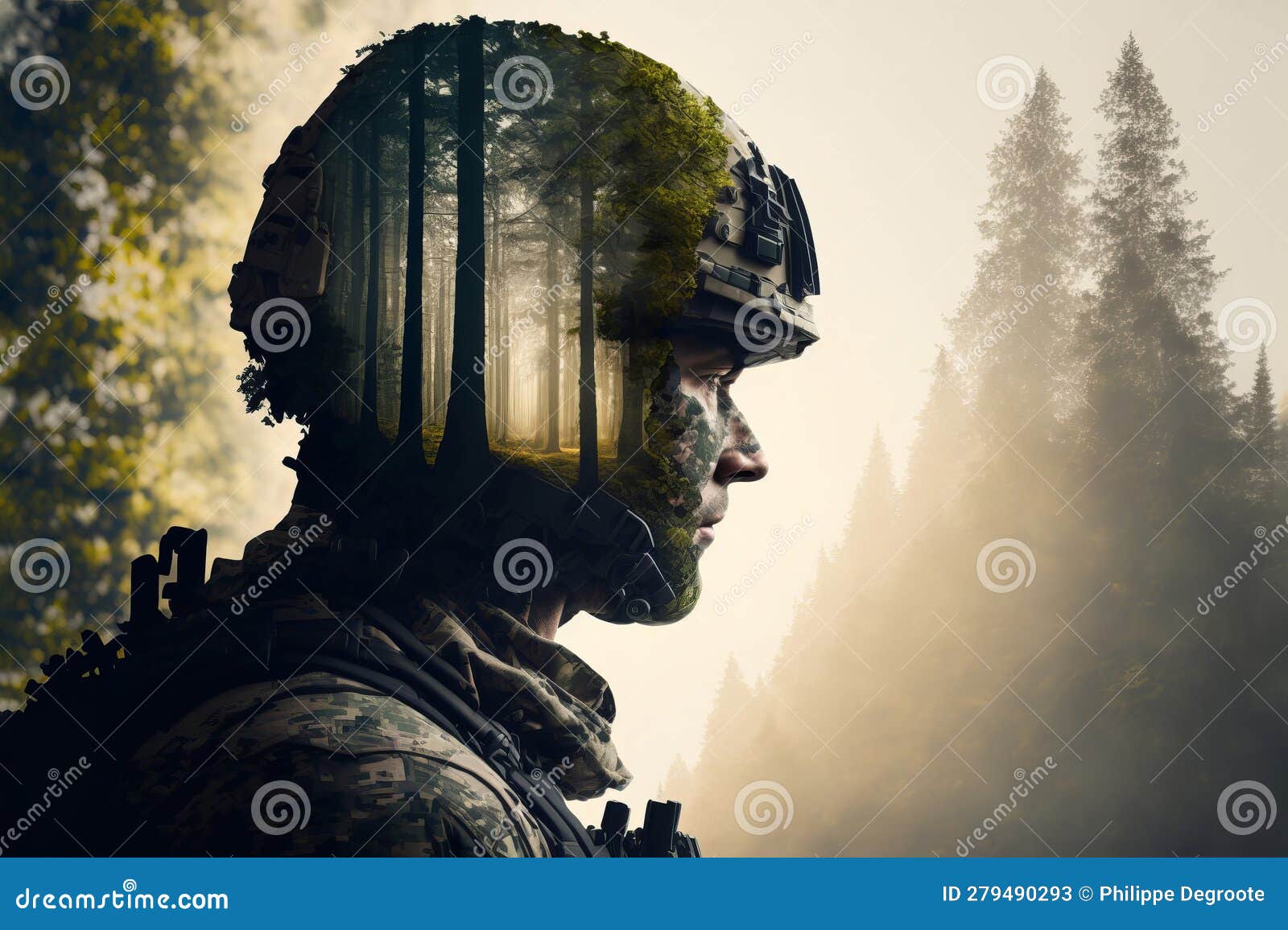Generative AI Mage of Double Exposure of Soldier in Military Uniform ...